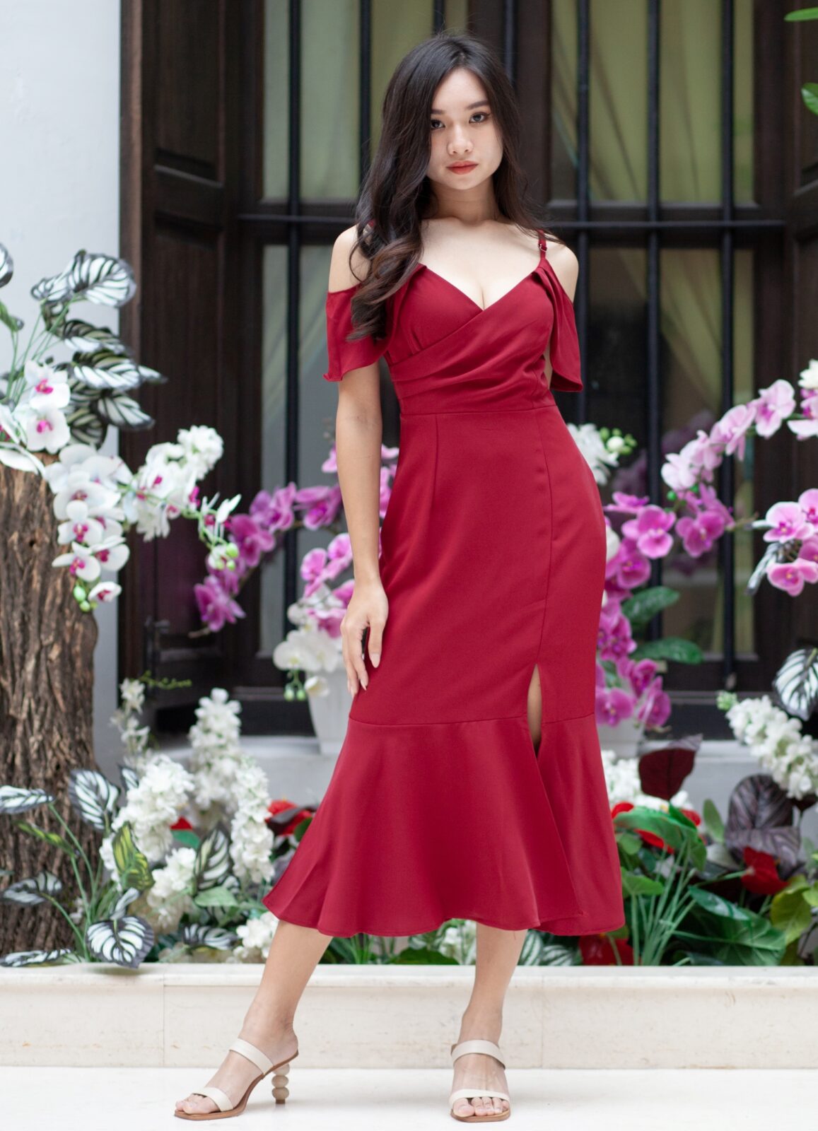MILLI COLD SHOULDER MERMMAID DRESS WITH SLIT (MAROON RED) S, M, L > A ...